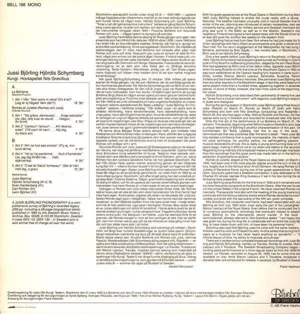 BELL 198 – Hjördis Schymberg, Jussi Björling – La Boheme – Romeo & Juliette – Stockholm 1940 ...